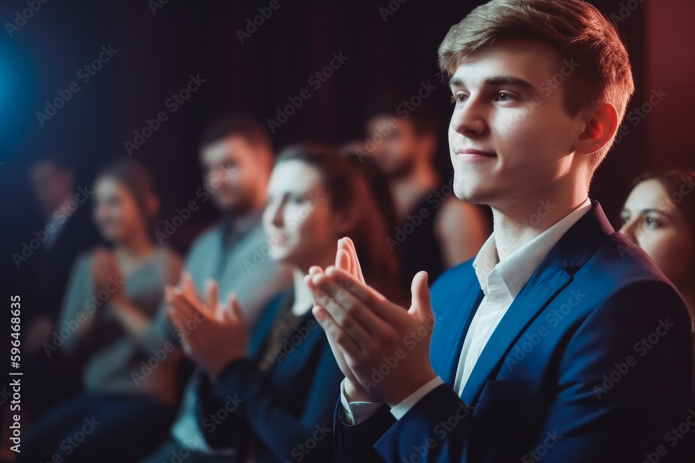 Business presentation. Grateful audience clapping hands after hearing a ...