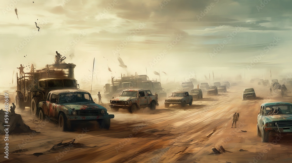 a high-speed chase scene between rival gangs, with each group driving ...