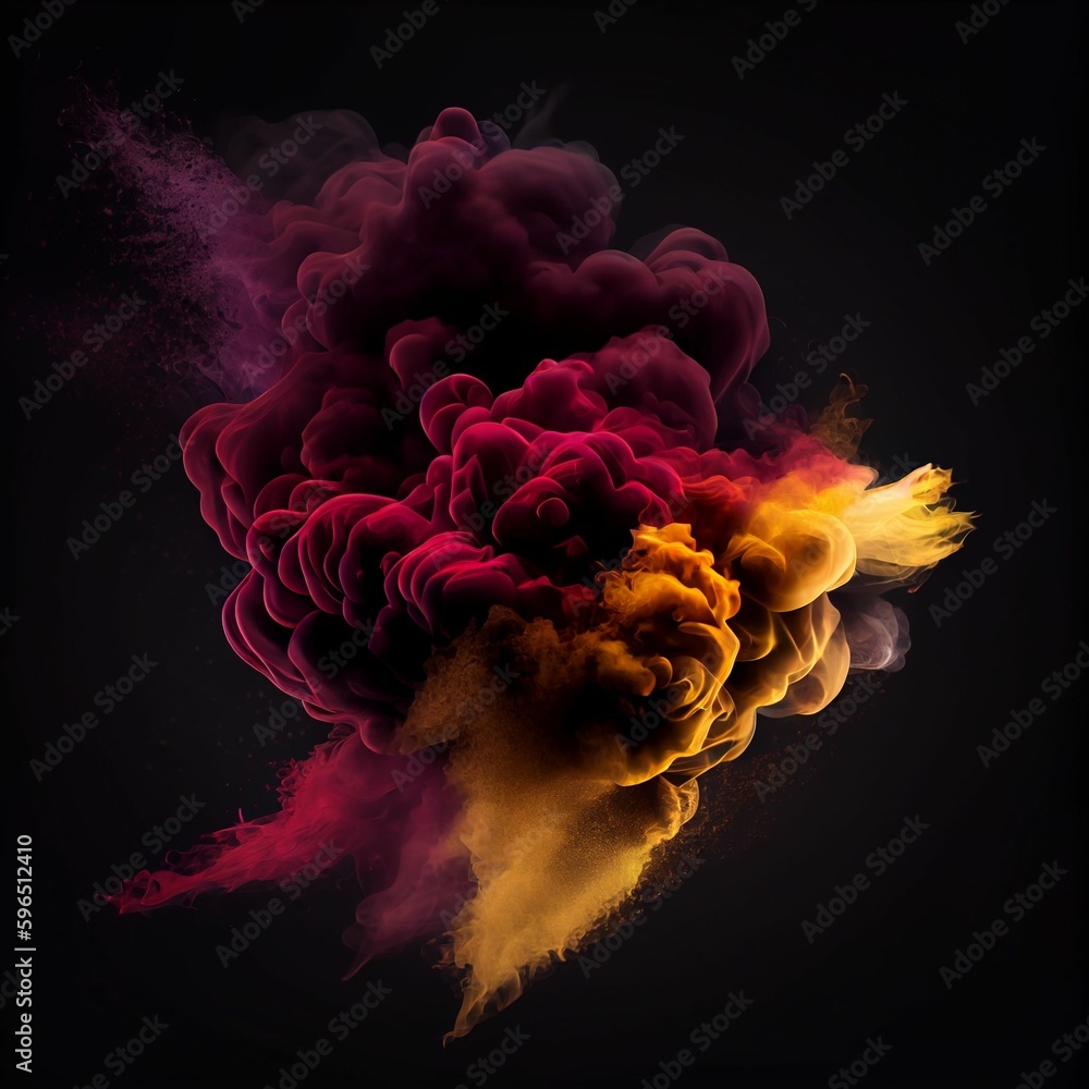 Gold and maroon smoke bomb on black background. Generative AI. Stock ...