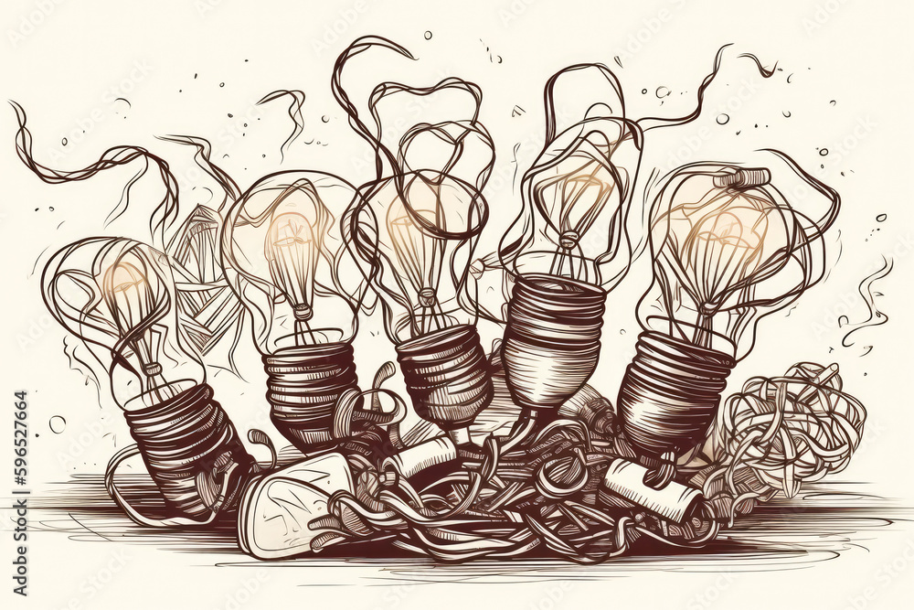 Messy lines and bulb. Idea concept with outline lamps. Process of ...