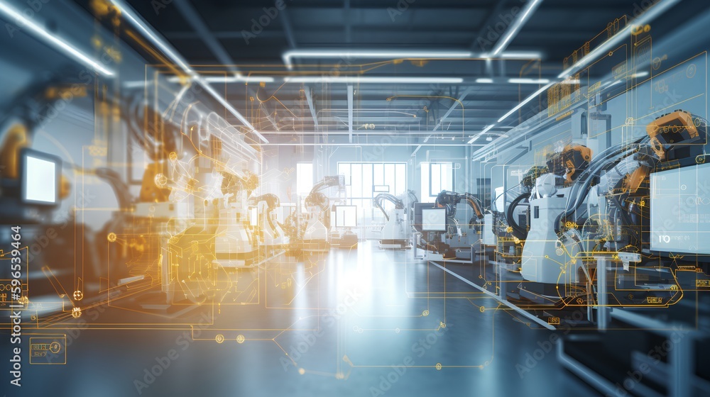 Industry 4.0 smart factory interior showcases advanced automation, machinery, and robotics in a ...