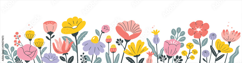 Spring garden flowers banner, botanical flat vector illustration on ...