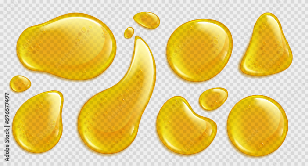 Gold honey or yellow argan oil vector droplet set. Isolated realistic 3d yellow serum liquid ...