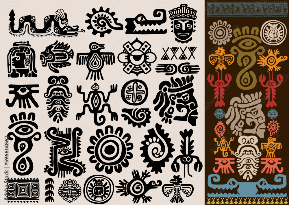 Image vectorielle Stock Mexican gods symbols. Set of aztec animal bird ...
