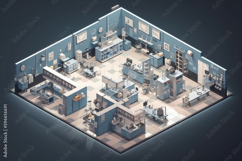 isometric view of a scientific laboratory, with equipment and ...