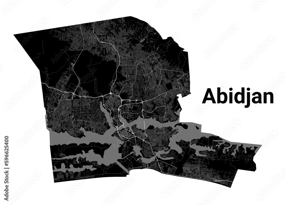 Abidjan, Cote d'Ivoire map. Detailed black map of Abidjan city poster ...