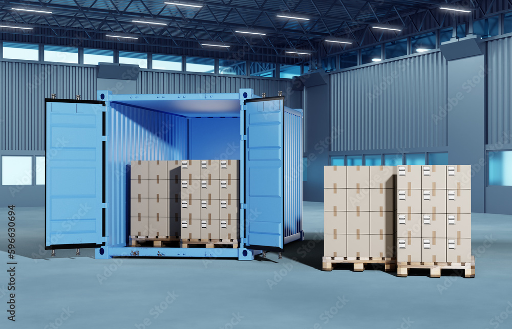 Cargo container with boxes. Sea transport container. Hangar for cargo ...