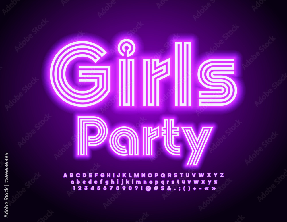 Vector glowing banner Girls Party. Trendy Neon Font. Bright Alphabet ...
