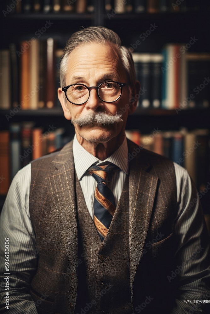 Eloquent portrait of a 65-year-old professor, his glasses resting on ...
