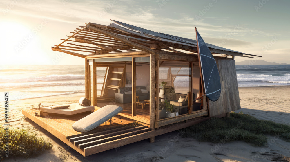 Eco-friendly beach cabin with a modern twist, featuring solar panels ...
