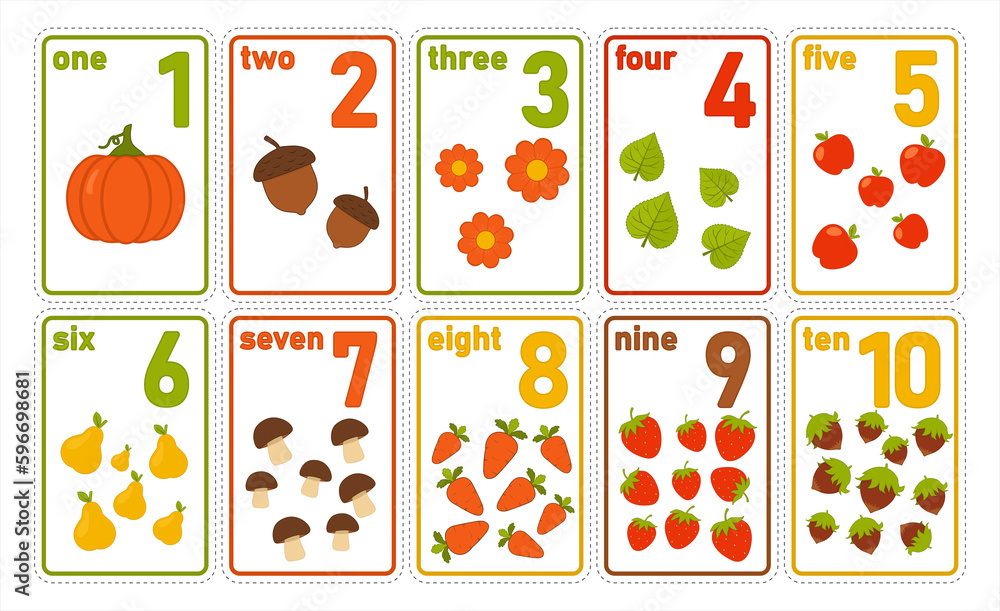 Printable numbers flashcards with vegetables and fruits for preschool ...