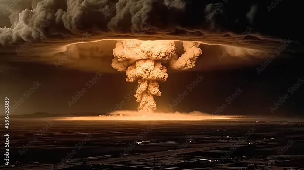 Nuclear explosion in an outdoor setting, atomic bomb explosion. Symbol ...