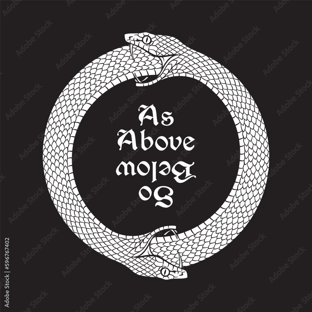 An ouroboros or uroboros serpents consuming each other. Inscription is ...