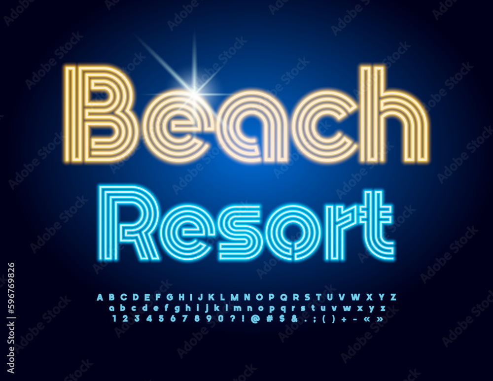 Vector glowing poster Beach Resort. Blue Neon Font. Illuminated ...