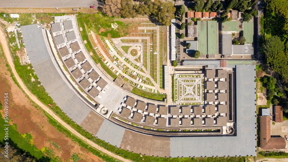 Perpendicular aerial view of the municipal cemetery of Pomezia, in the ...