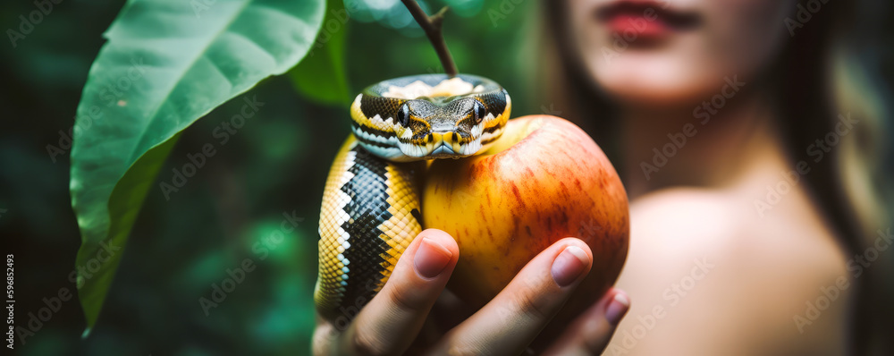 Innocent Eve in the garden of Eden is tempted by the serpent to bite the forbidden apple ...