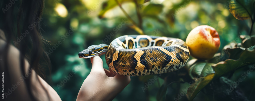 Eve tempted by the serpent in a paradise illustrated according to the ...