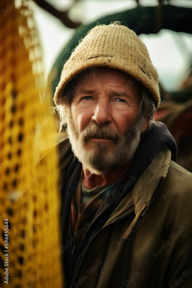 Norwegian fisherman, 60, in yellow raincoat and hat, stands on fishing ...