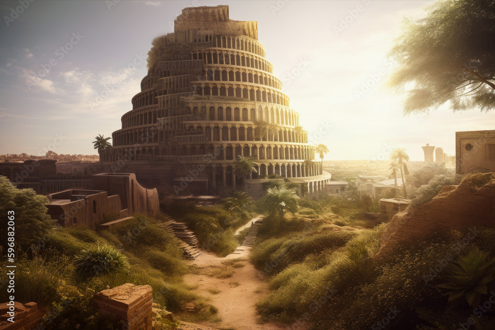 Ancient city of Babylon with the tower of Babel, bible and religion. AI ...