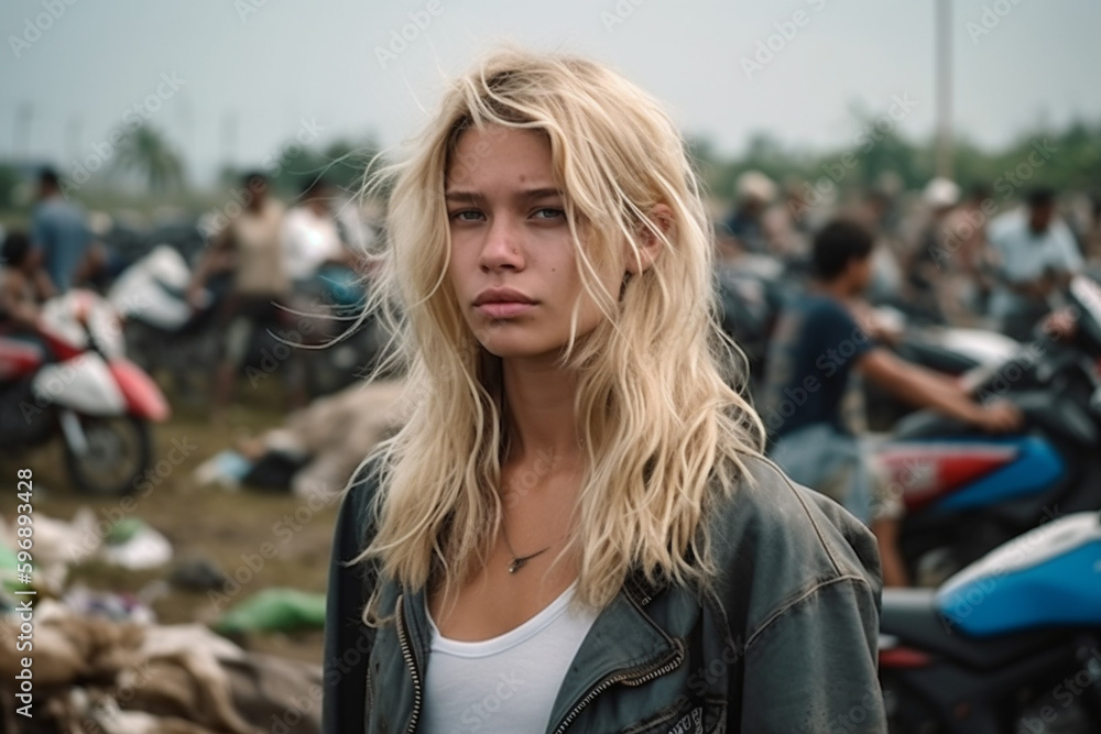 close-up blonde woman, sad or nearly crying at a rice field with people ...