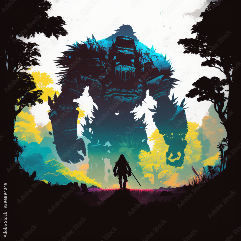 an incredible sci-fi illustration art of a colossus of shadows ...