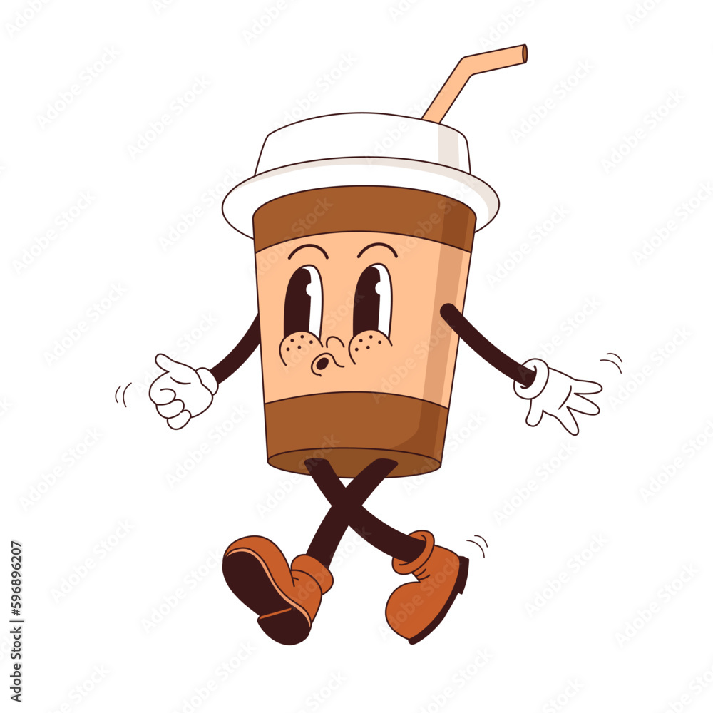 Retro 70s cartoon groovy paper cup character mascots. Vintage coffee ...