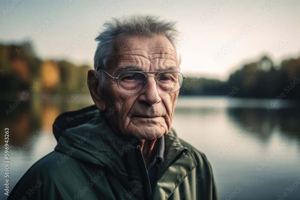 Portrait of an old man with glasses on the background of the lake Stock ...