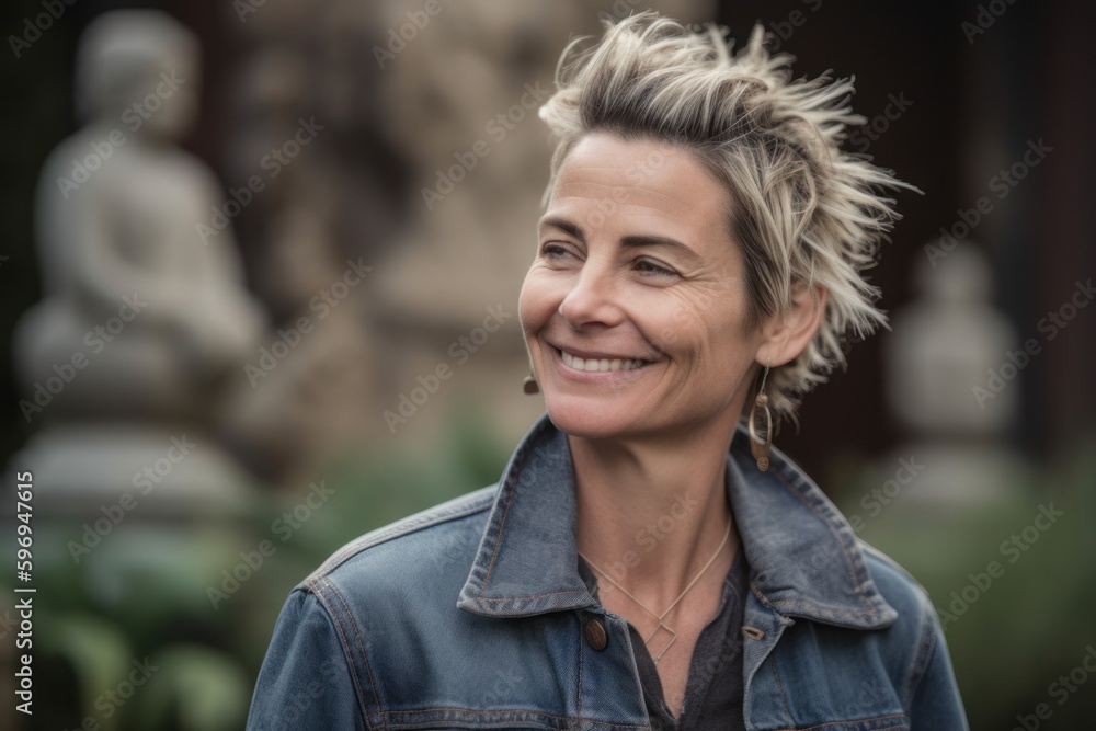 Portrait of smiling woman standing in front of statues in the park ...