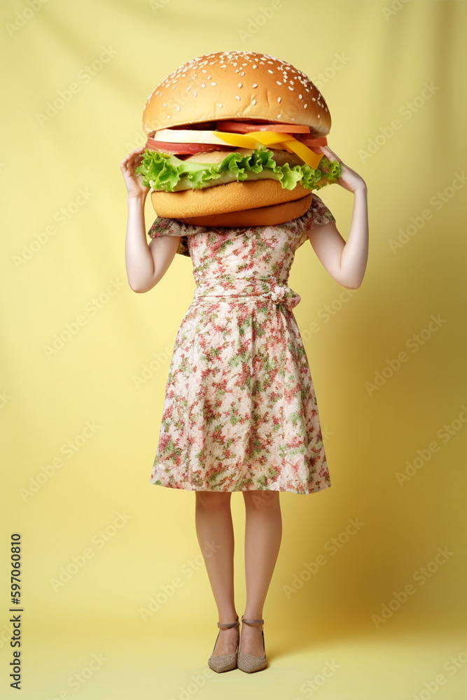 Woman holding huge burger, hiding her face behind it. Giant sandwich as ...