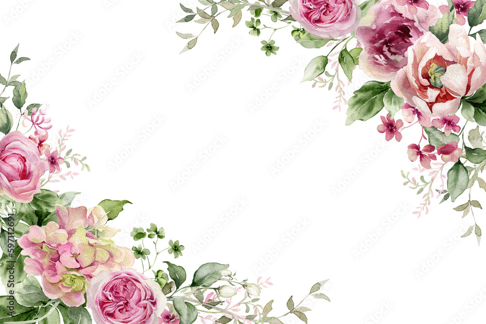 Watercolor flower border. Pink floral corner frame with peony, rose ...