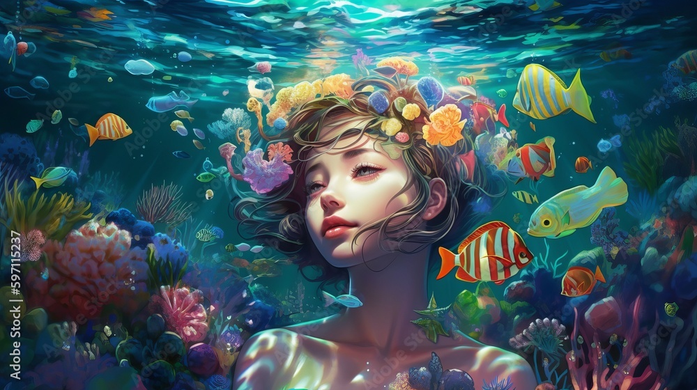 a girl swimming underwater, smile, colorful colors, surrounded by ...