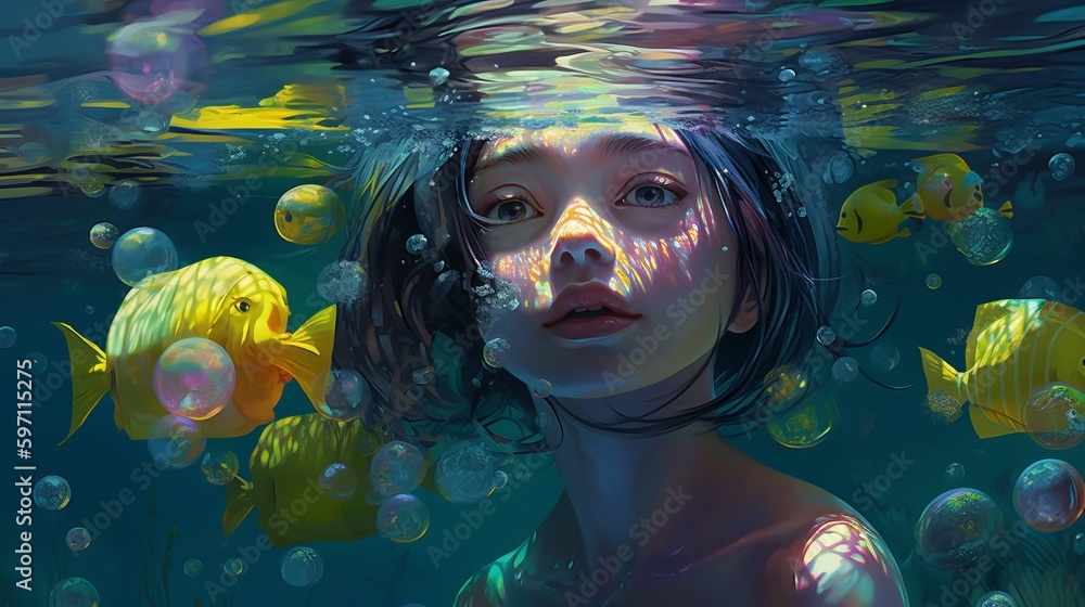 a girl swimming underwater, smile, colorful colors, surrounded by ...