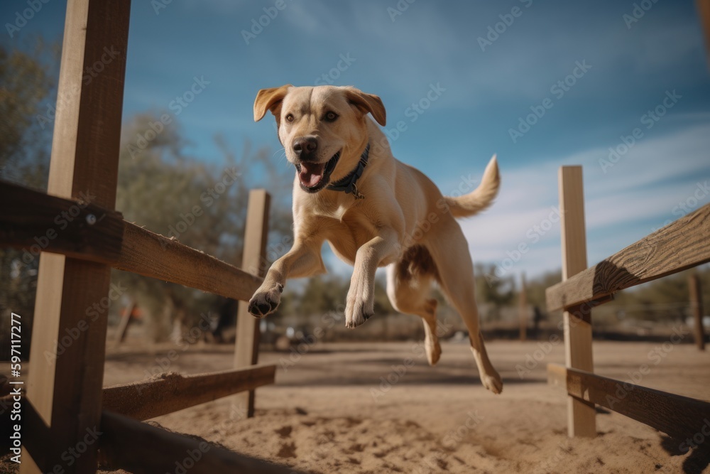 Lifestyle portrait photography of a curious labrador retriever jumping ...