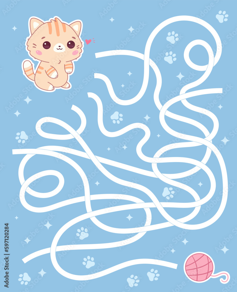 Стоковий вектор Maze game with kawaii cat and ball of yarn. Labyrinth ...