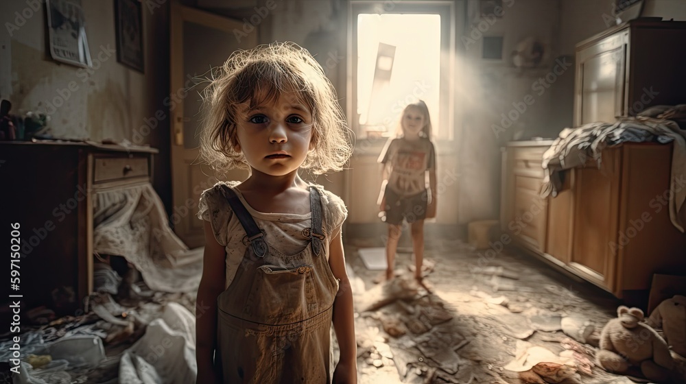 Crying sad children in dirty cluttered apartment, children from ...