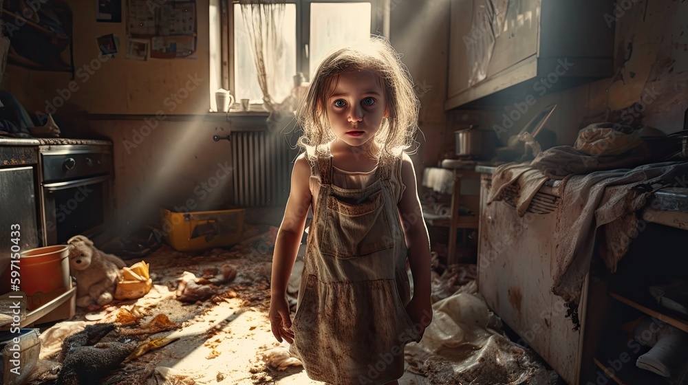 Crying sad girl in dirty cluttered apartment, child from dysfunctional ...
