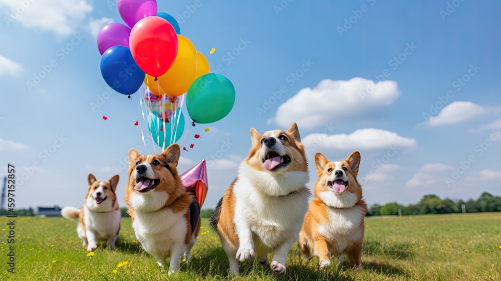 International Corgi Day is celebrated with dogs in a park with colorful ...
