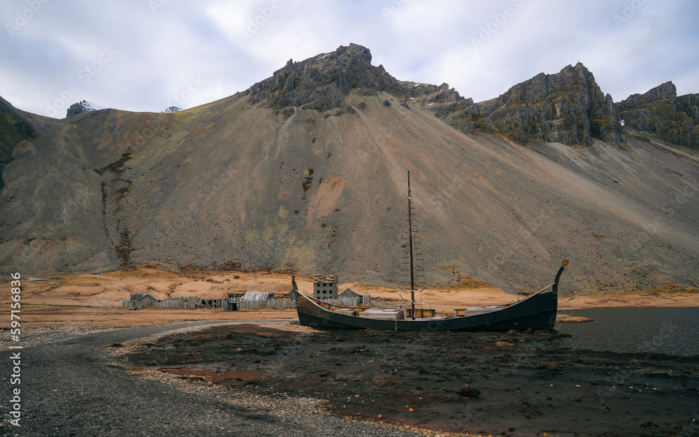 Abandoned viking village in Stokksnes, Iceland. The replica of the ...