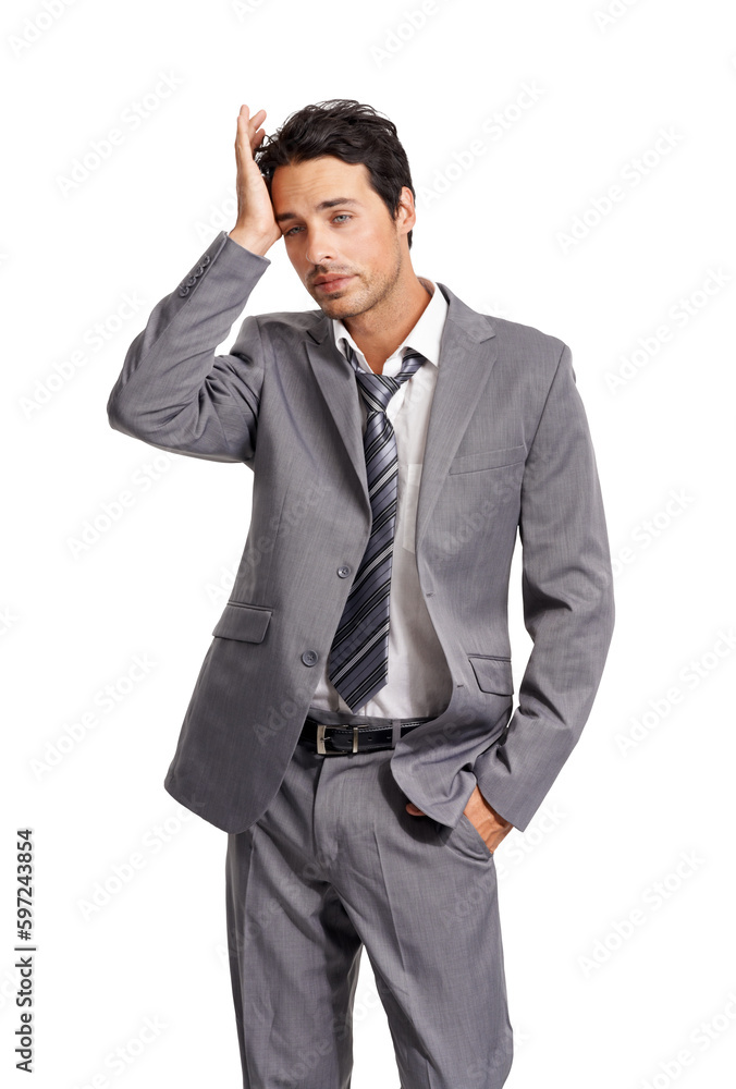 Businessman, stress and headache or pain of a model on a transparent ...