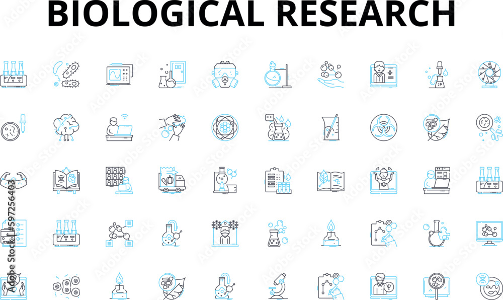 Biological research linear icons set. Genetics, Microbiology, Virology ...