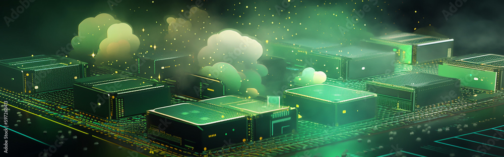 Concept art of cloud computing with a series of interconnected data storage devices in a green ...