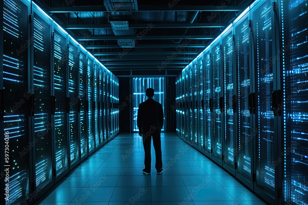 A man standing in a server room with rows of servers on either side of ...