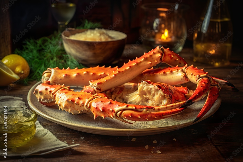 perfectly cooked king crab legs with a side or garlic butter, sitting ...