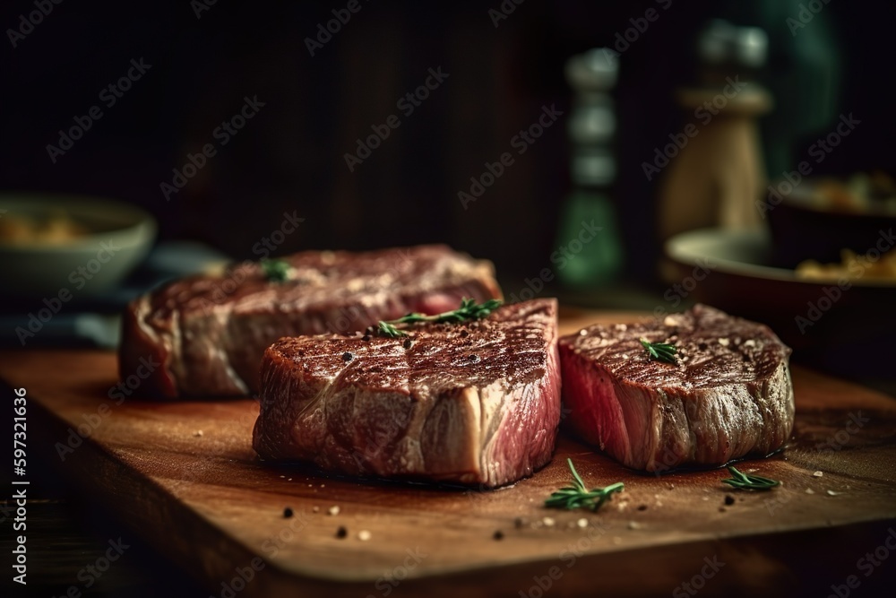 perfectly cooked slices of medium rare sirloin steak with garlic butter ...