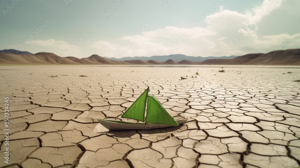 green paper boat lands on parched earth, showing the devastating ...