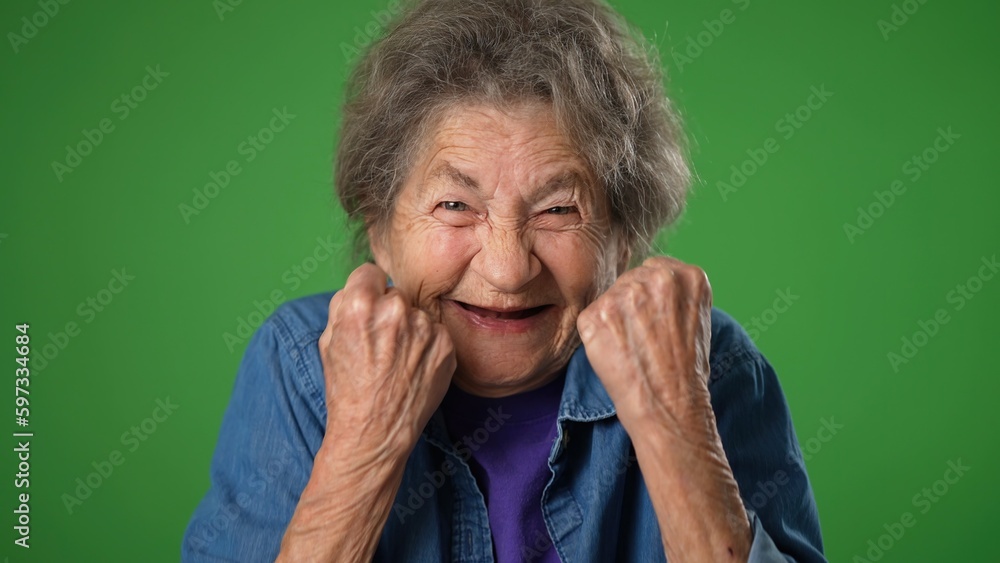 Closeup funny toothless portrait of elderly senior old woman with ...