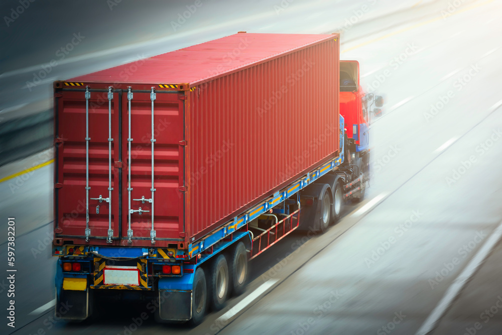 Semi Trailer Truck Driving on Highway Road. Shipping Container Trucks ...