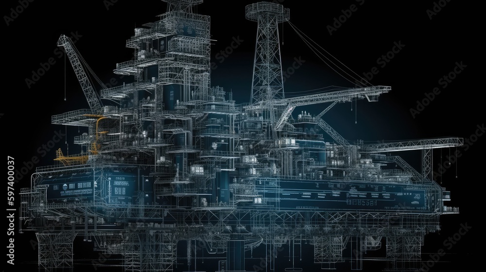 Futuristic Blueprint of Oil Rig, HUD Display, Digital Rendering on Dark ...