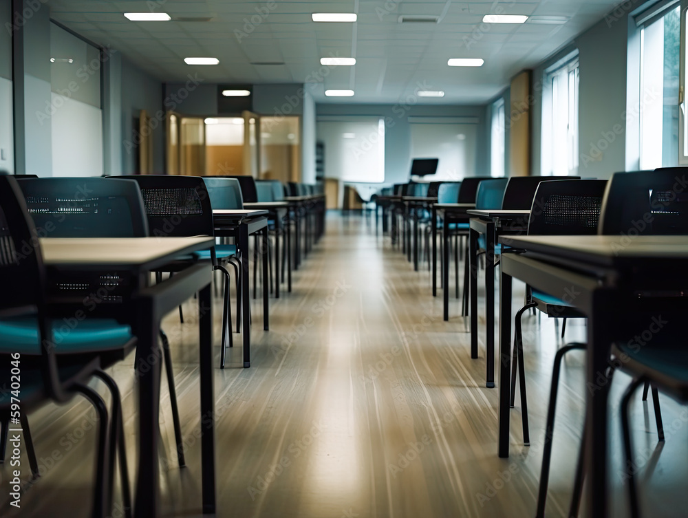 Blur classroom education background empty school class lecture room interior view, no teacher ...