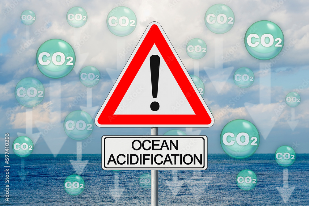 Ilustración de Stock Alert Ocean Acidification - CO2 Carbon dioxide emissions are absorbed by ...